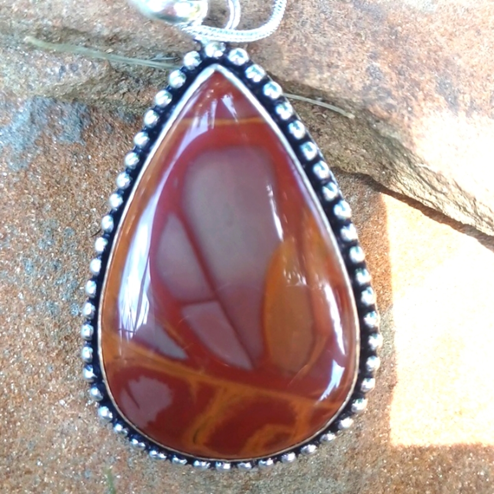 New! Red Brecciated Mookaite, Pear Shaped Pendant Wit… - Gem